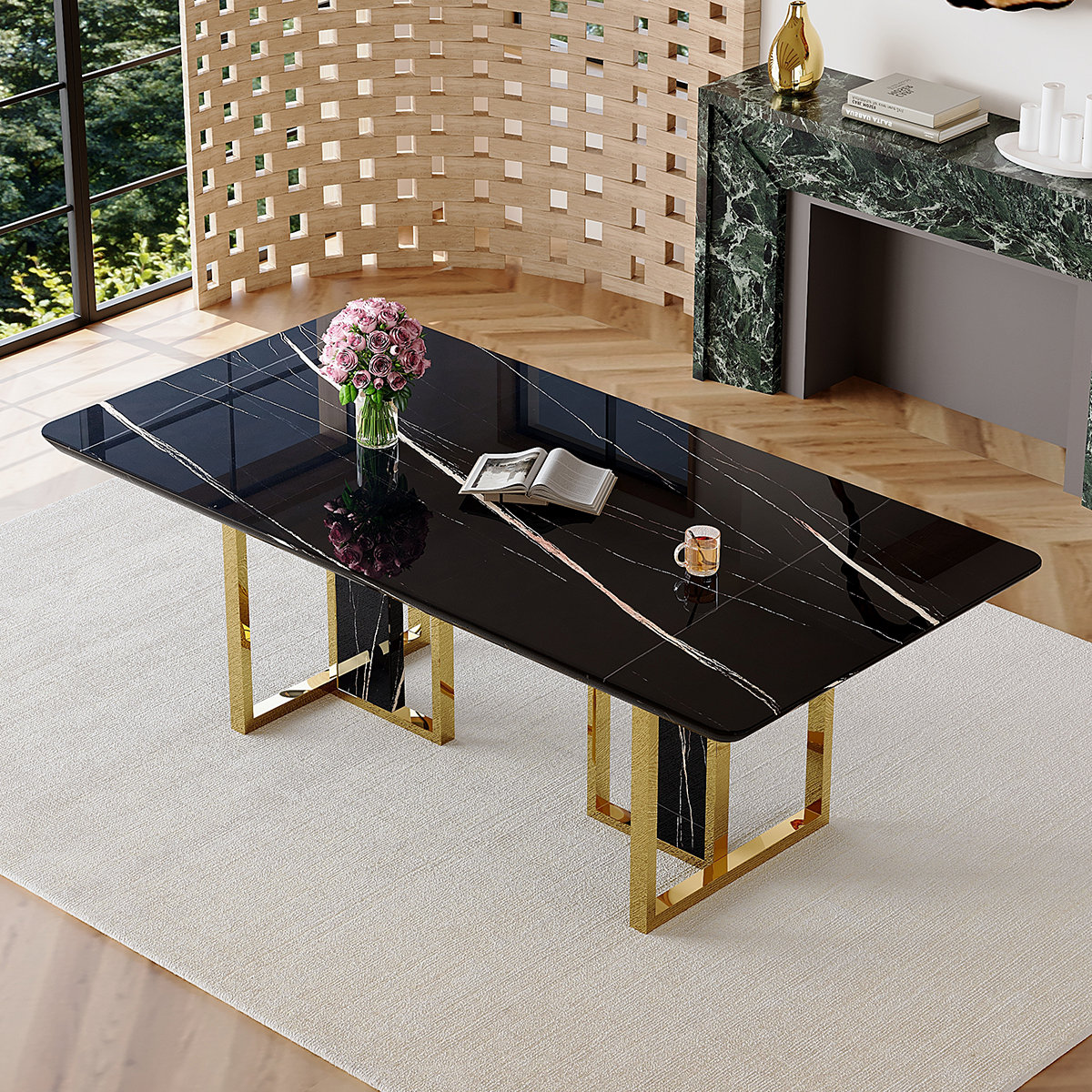 Mercer41 79" Dining Table,Gloss Kitchen Table,1.8" Thick Mdf Board Table Coated By Faux Marble ...